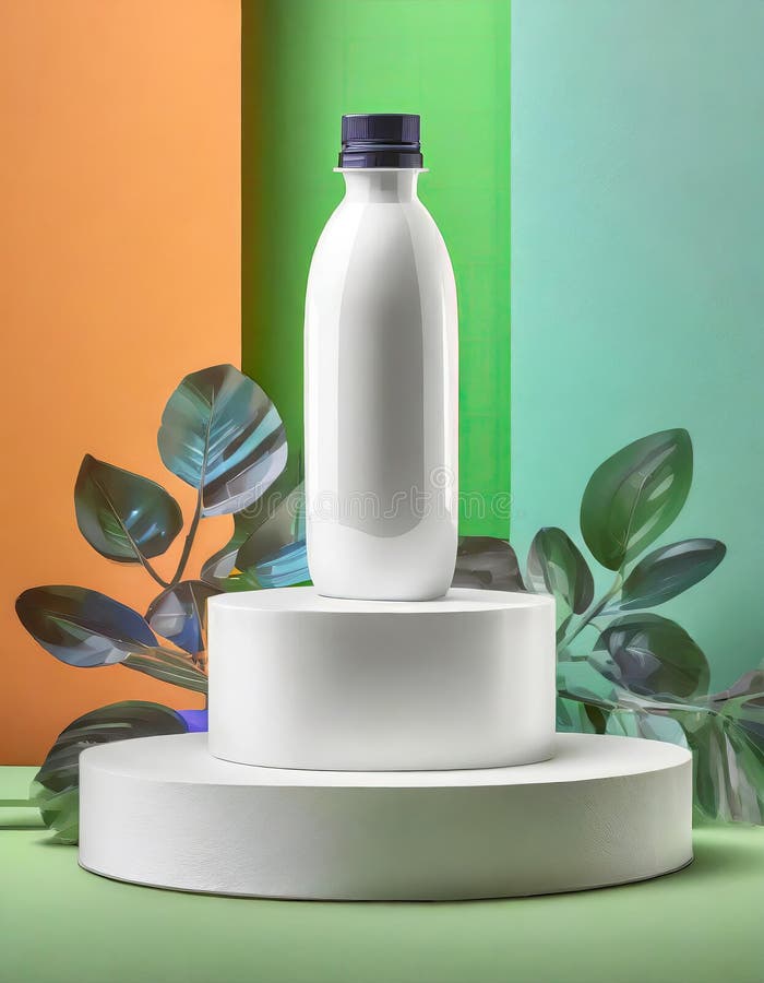Podium Display of Plastic Bottle Front View Mockup White with Shades on ...