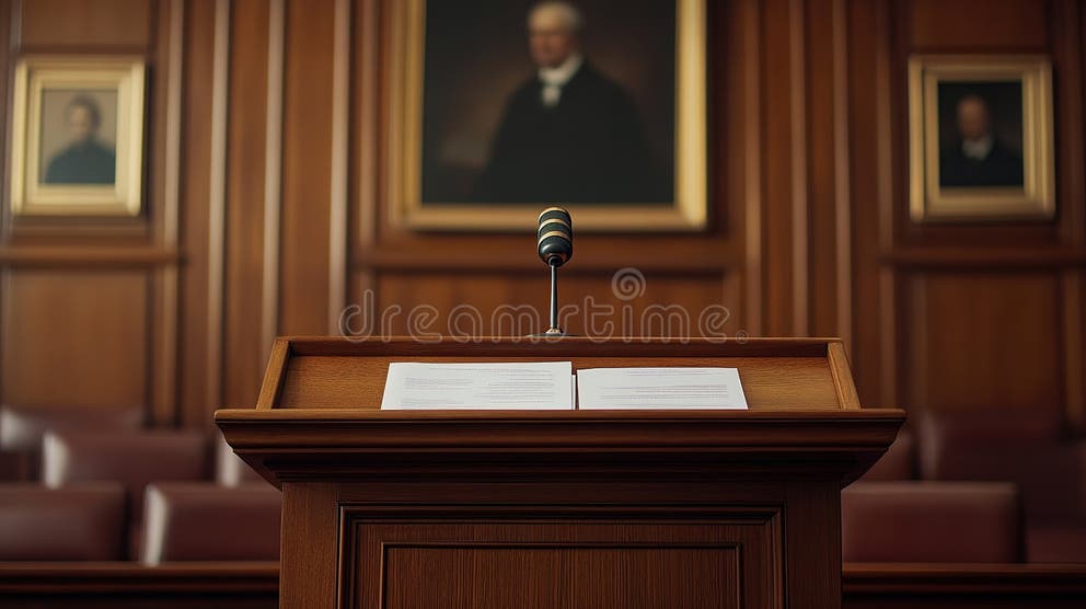 Podium with Documents in a Courtroom Stock Photo - Image of microphone ...