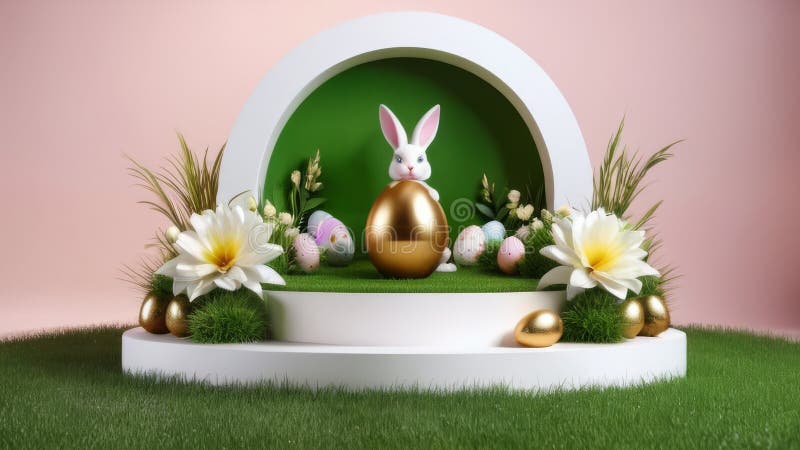Podium with Easter Bunny with Golden Egg on Green Grass. 3d Render ...