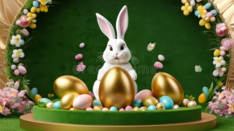 Podium with Easter Bunny with Golden Egg on Green Grass. 3d Render ...