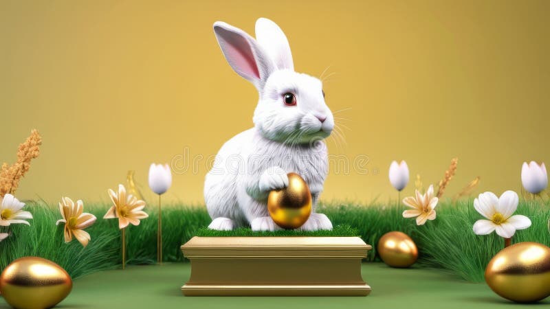 Podium with Easter Bunny with Golden Egg on Green Grass. 3d Render ...