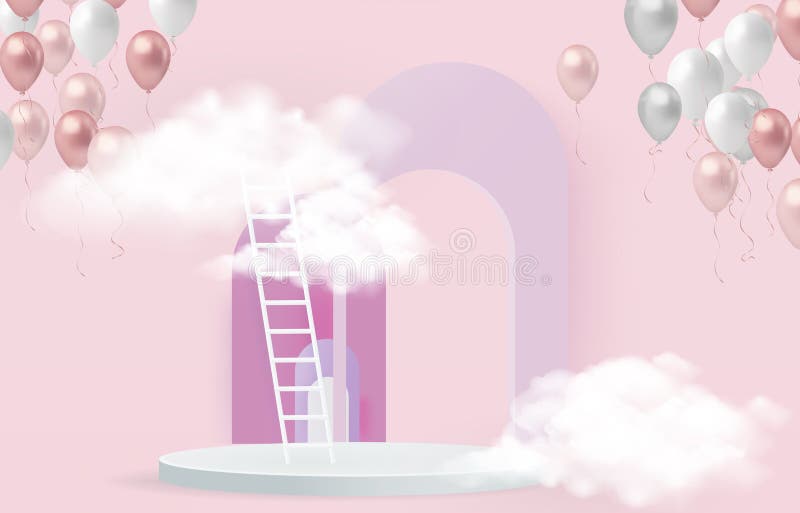 Podium with Ladder, Clouds, Balloons and Arch. 3D Rendering Stock ...