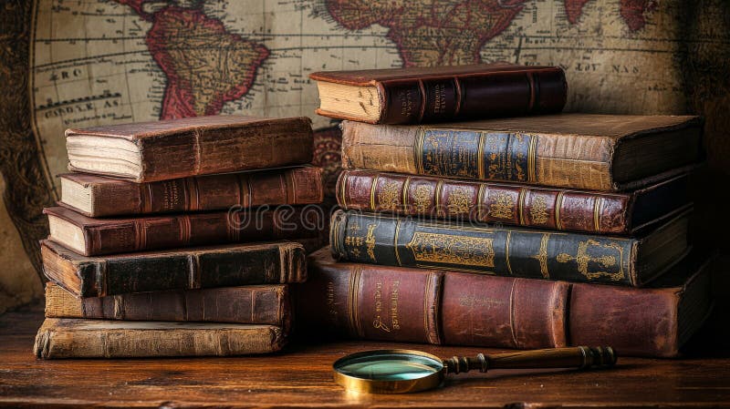 A Podium with Leather-bound Books, Old Maps, and a Magnifying Glass ...