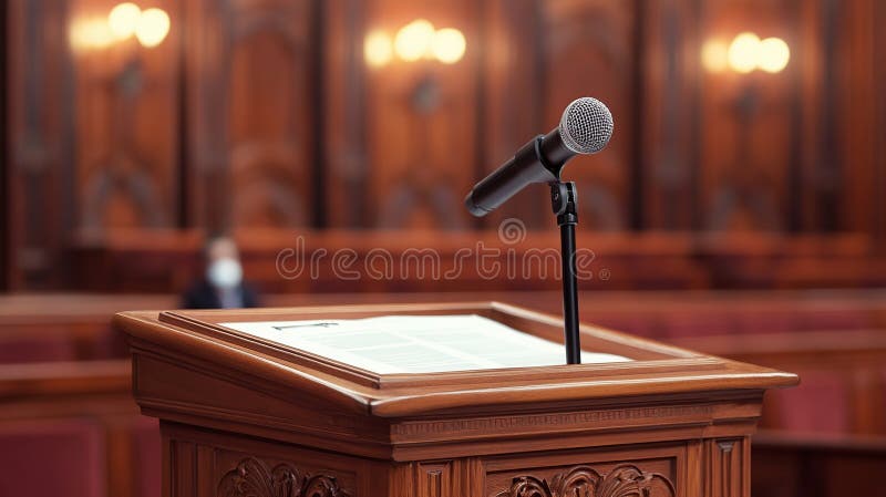 Podium with Microphone in Ornate Wooden Hall Stock Photo - Image of ...