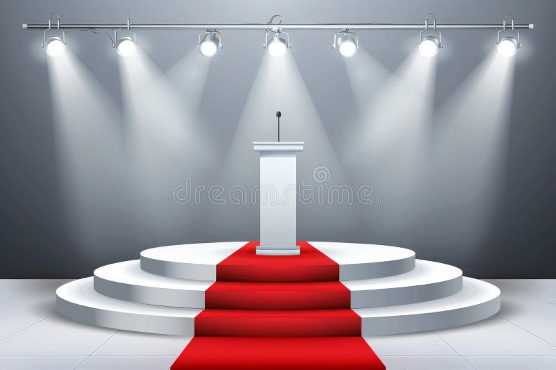 Podium with Microphone and Red Carpet Under Spotlights on Circular ...