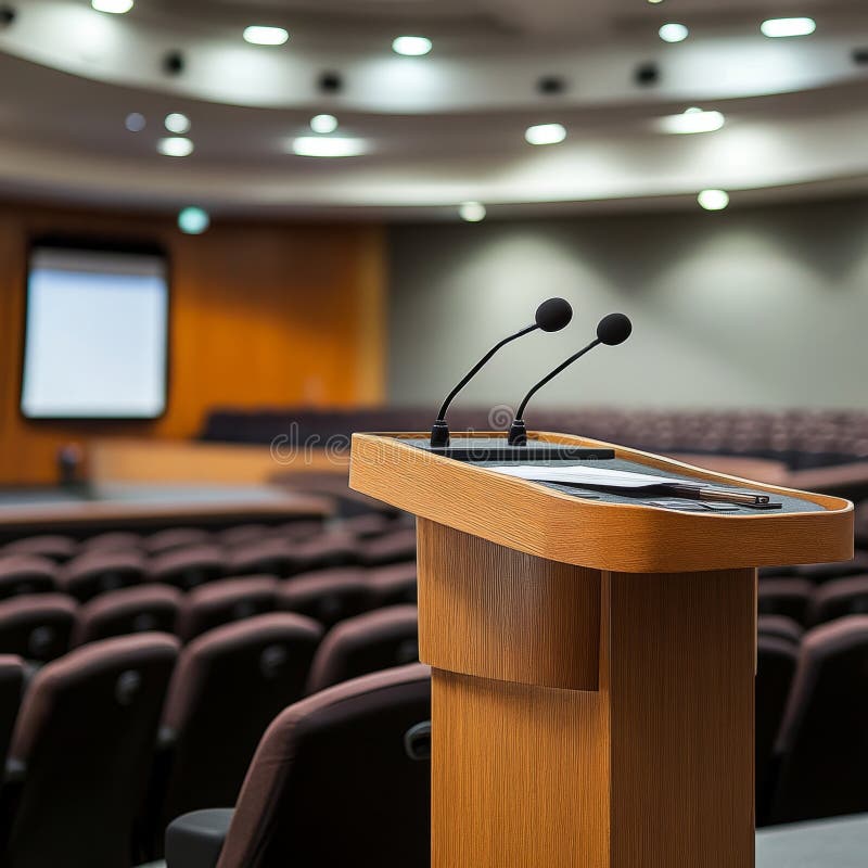 Podium with Microphones in Conference Hall or Seminar Room, 3D ...