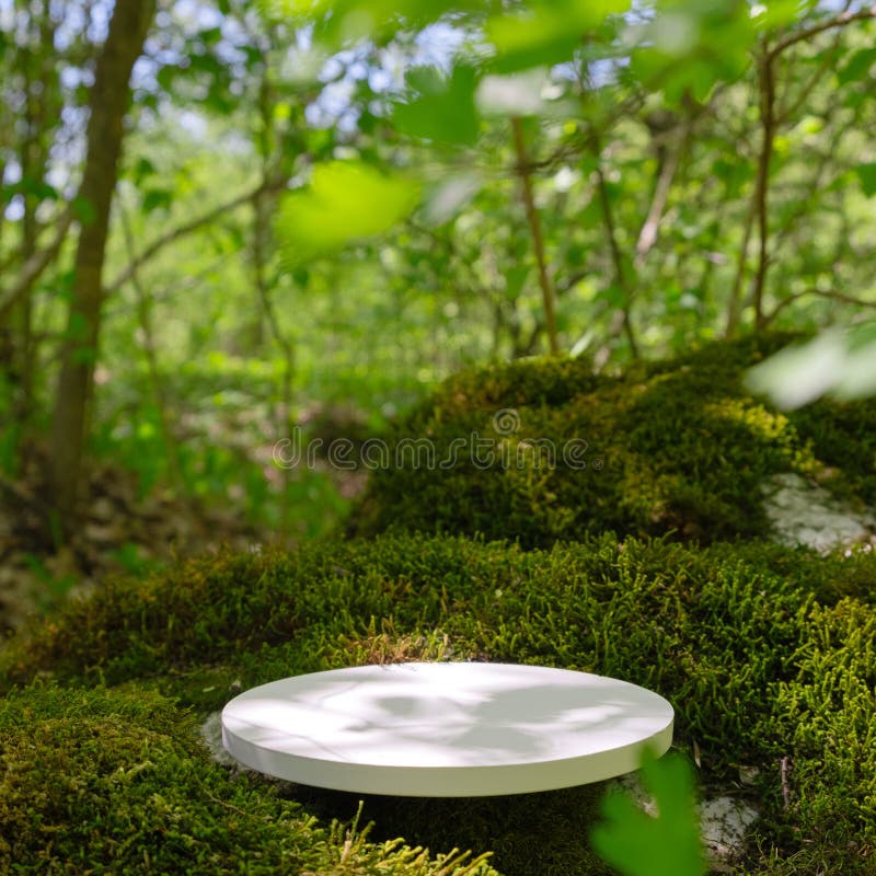 Podium in a Natural Setting Surrounded by Greenery, Showcasing Products ...