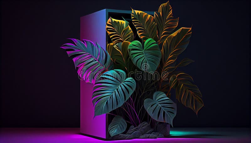 Podium with Neon Light and Spring Floral Decorations Stock Illustration ...
