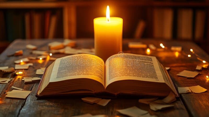 A Podium with an Open Book, Scattered Pages, and a Lit Candle, Creating ...