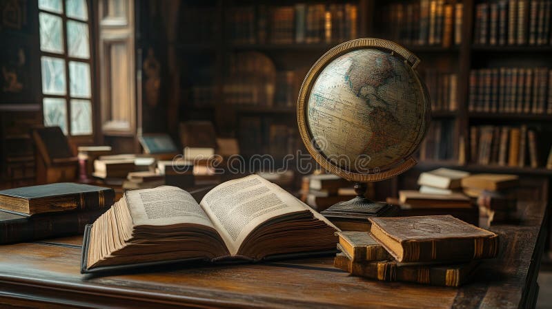 A Podium with Open Books, an Antique Globe, and a Dimly Lit Study ...