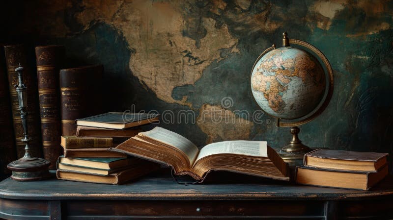 A Podium with Open Books, an Antique Globe, and a Dimly Lit Study ...