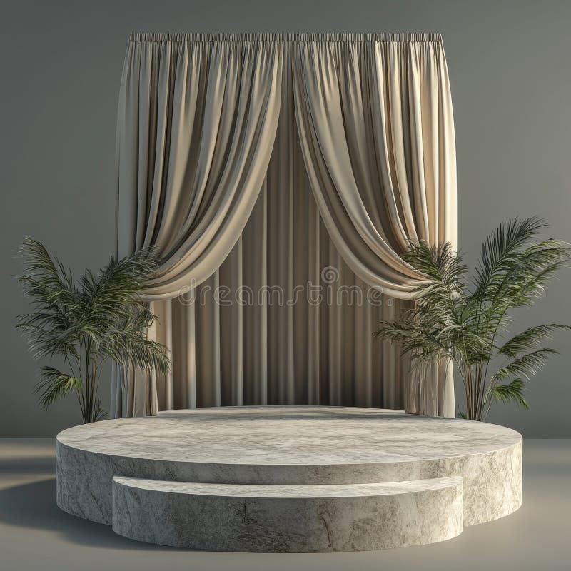 Podium, Pedestal, Wall with Curtains and Palm Trees. 3d Render Stock ...