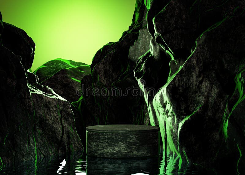Podium Product Display Stone Cliff Rock Landscape 3D Render Green Light ...