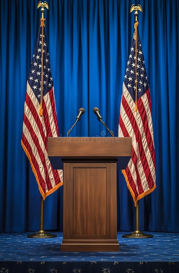 Podium Setup with American Flags for a Formal Event in a Blue Backdrop ...