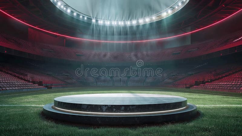 Podium on Soccer Field in Stadium, Surrounded by Empty Seats, Dramatic ...