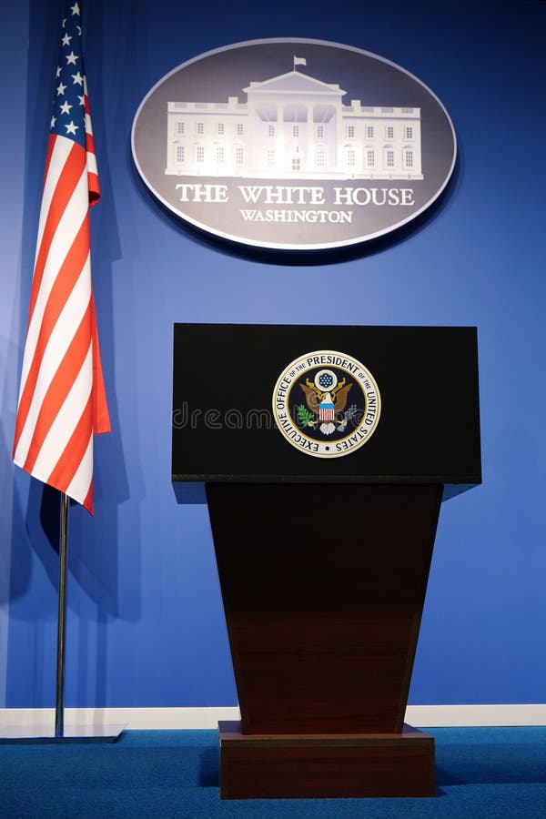Podium Speaker Tribune In White House Flag Of United States Of America