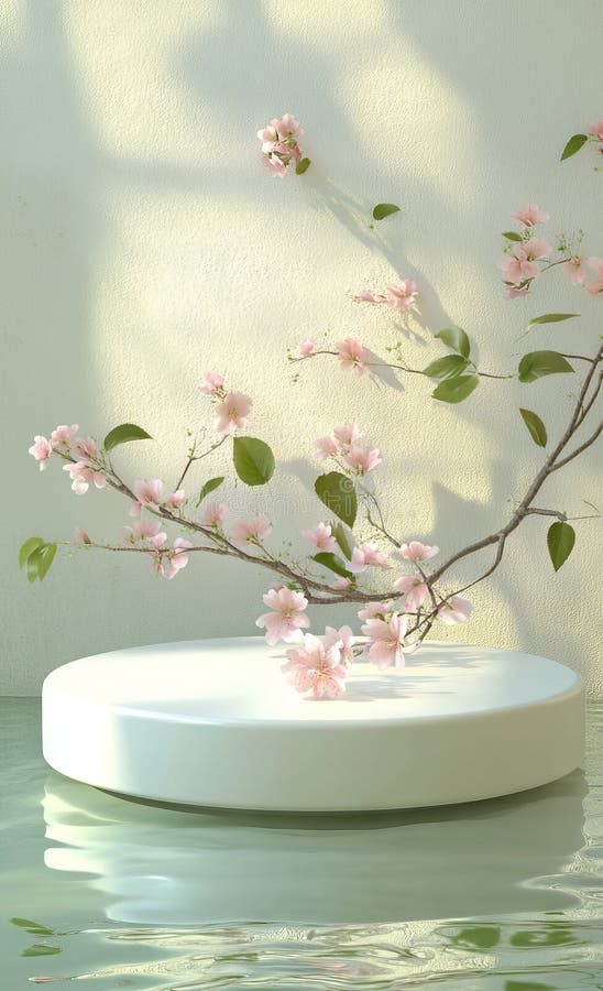 A Podium with Spring Flowers Has a Water Reflection and is Used for ...