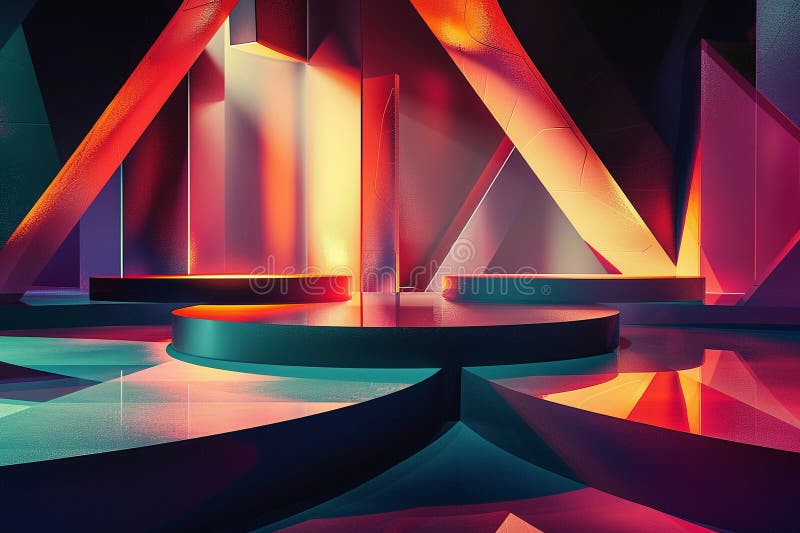 A Podium Stage Illuminated by a Dynamic, Multicoloured Geometric ...