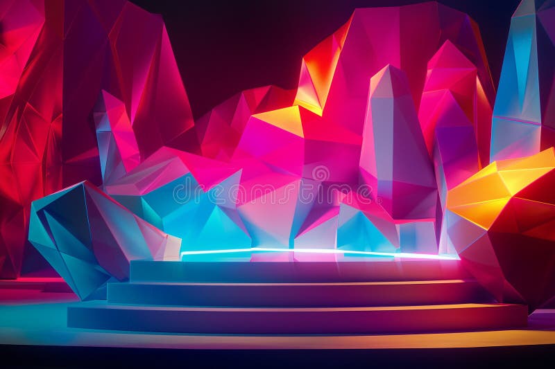 A Podium Stage Illuminated by a Dynamic, Multicoloured Geometric ...