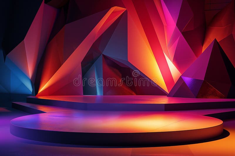 A Podium Stage Illuminated by a Dynamic, Multicoloured Geometric ...