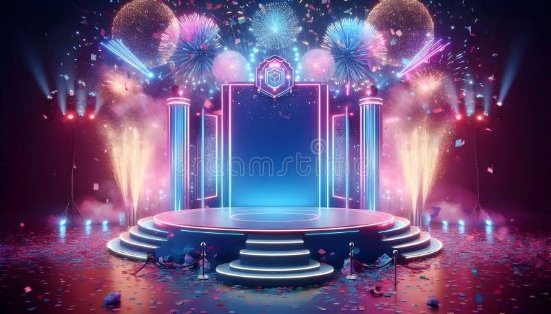 Large Podium on Stage Surrounded Fireworks, Blue Pink Violet Lights ...