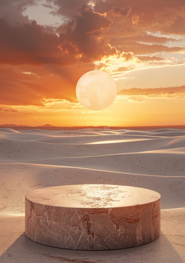 Podium Stand with a Desert Sand Dune Texture, Set Against a Sunset ...