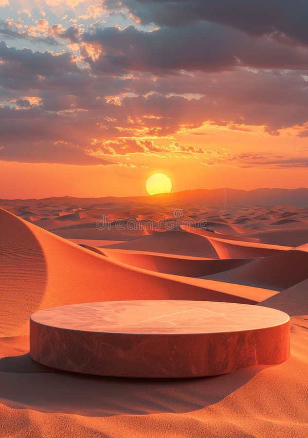 Podium Stand with a Desert Sand Dune Texture, Set Against a Sunset ...