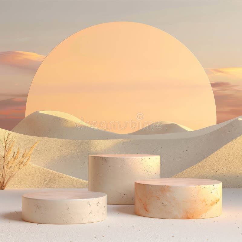 Podium Stand with a Desert Sand Dune Texture, Set Against a Sunset ...