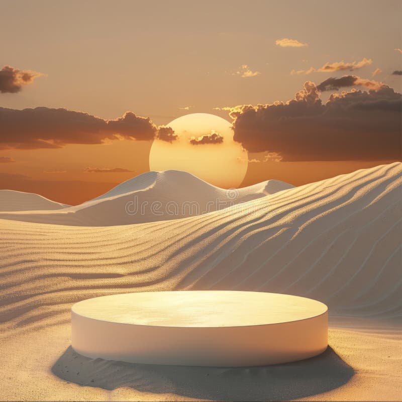 Podium Stand with a Desert Sand Dune Texture, Set Against a Sunset ...