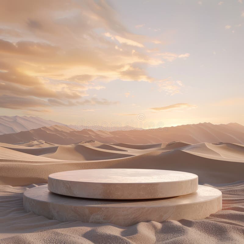 Podium Stand with a Desert Sand Dune Texture, Set Against a Sunset ...