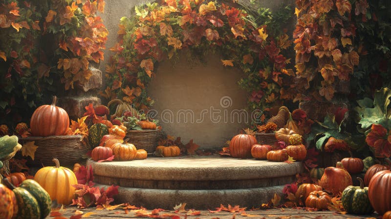 A Podium Surrounded by Colorful Fall Foliage, Pumpkins, and Cornucopia ...
