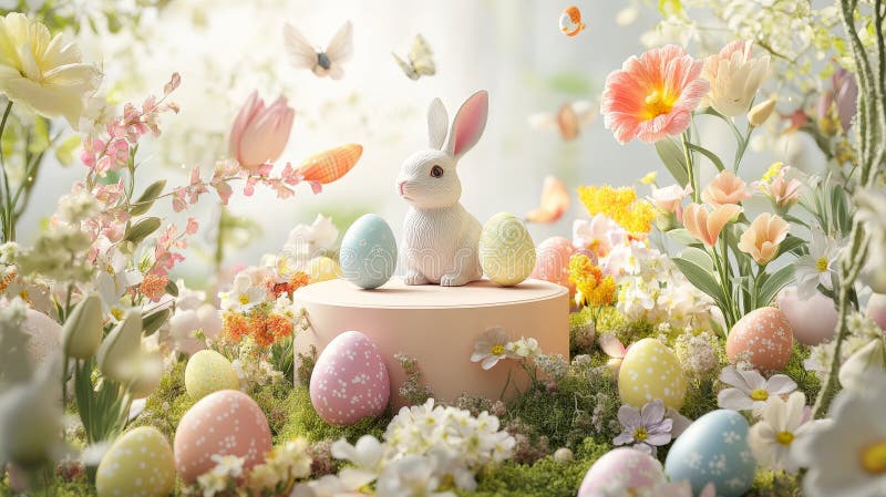 A Podium Surrounded by Pastel Eggs, Rabbit Figurines, and Spring ...