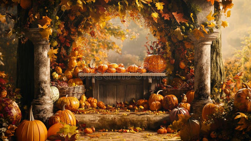 A Podium Surrounded by Vibrant Fall Foliage, Pumpkins, and Cornucopia ...