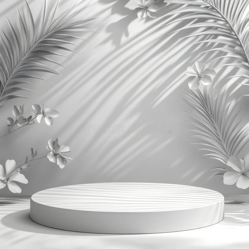Podium with Tropical Leaves and Flowers, 3d Rendering. Computer Digital ...