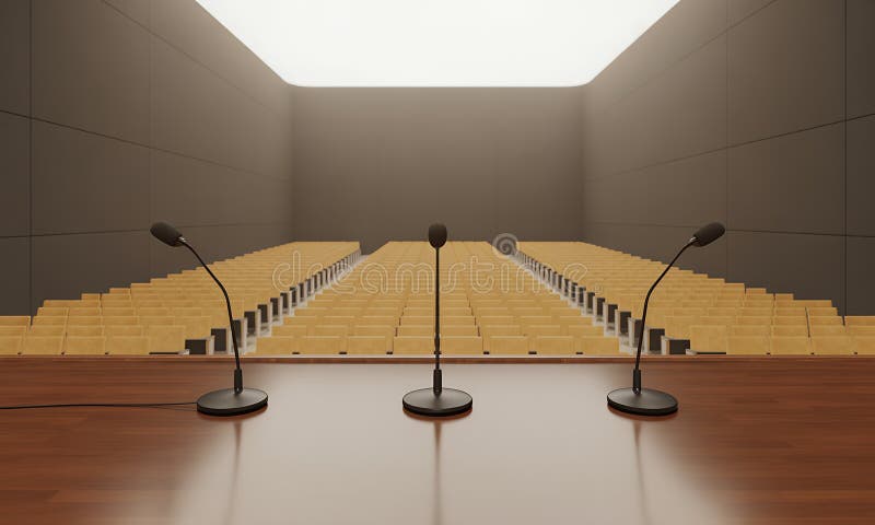 Podium View in Auditorium Hall with Empty Seats and Three Microphones ...