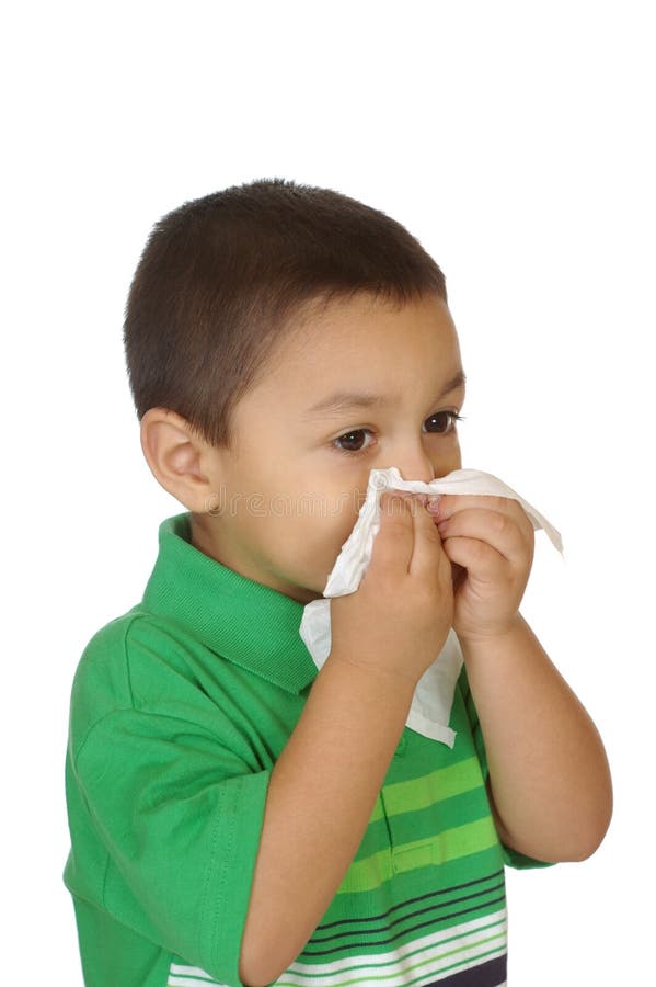 Chłopiec dmucha jego nos obraz stock. Obraz złożonej z biały - 34667303