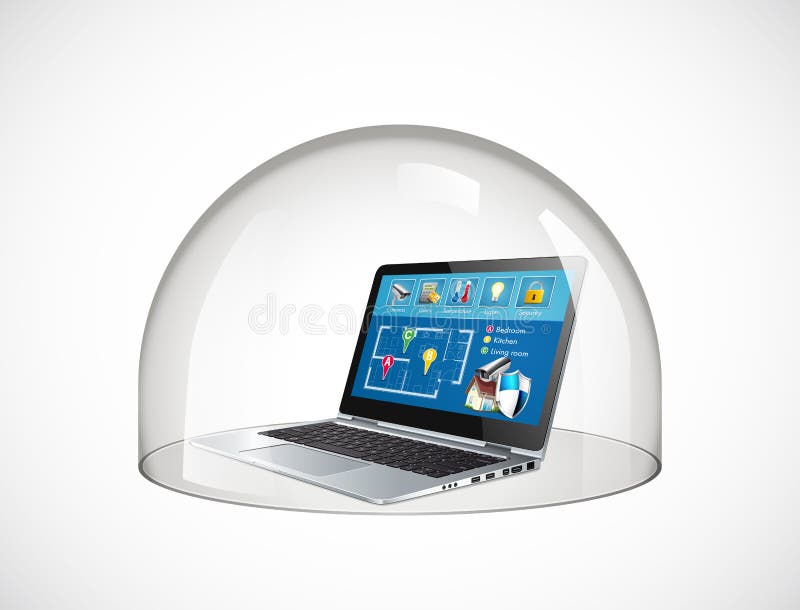 Laptop Protection Concept Glass Dome Secure Computer Against Viruses ...