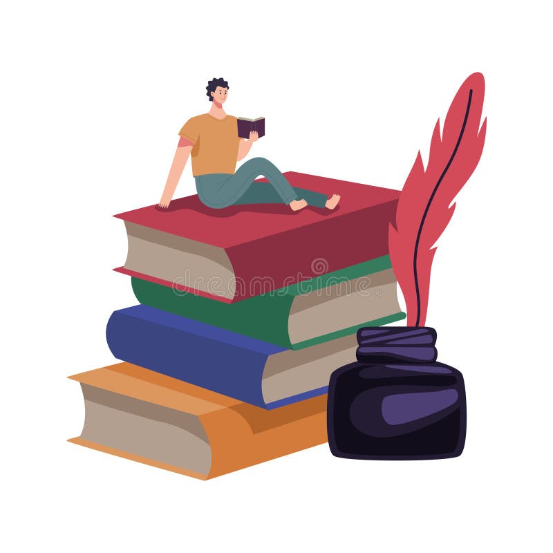 Poem Book Stack with Quill Icon Stock Illustration - Illustration of ...