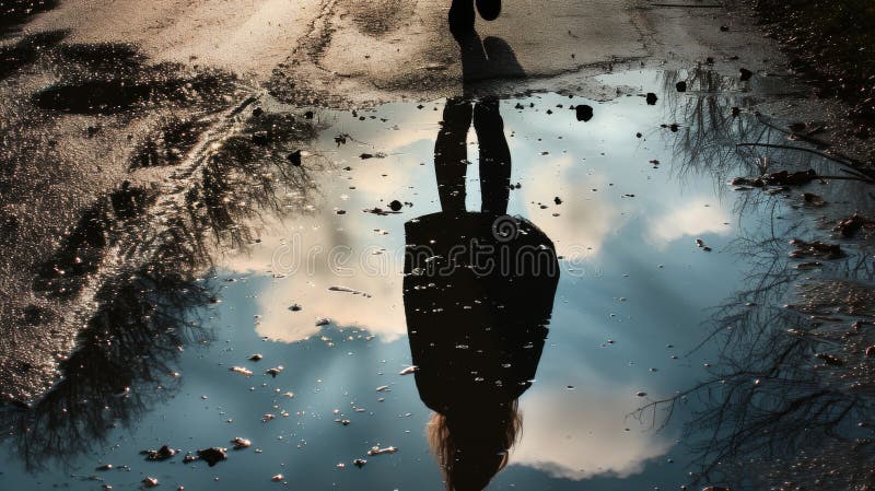 Reflection of a Person in a Puddle with Sky and Trees Stock Image ...