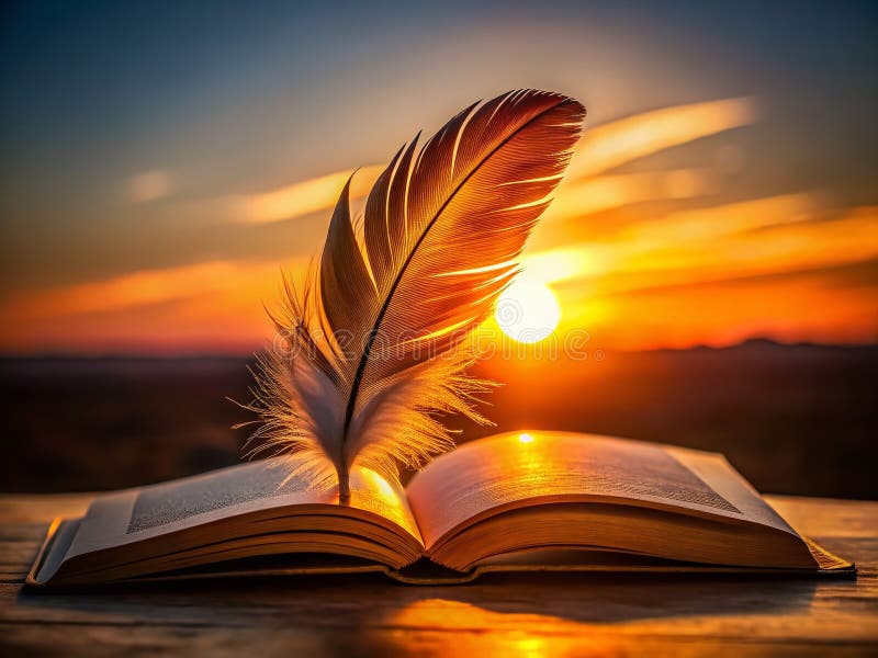 A Poetic Silhouette Open Book and Feather at Sunset a Captivating ...