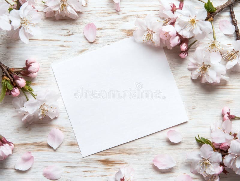 Poetic Spring Theme with White Paper and Cherry Blossoms for Creative ...