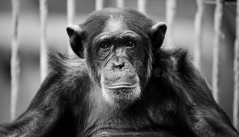 Emotional Black and White Portrait of a Sad Chimpanzee in Captivity ...