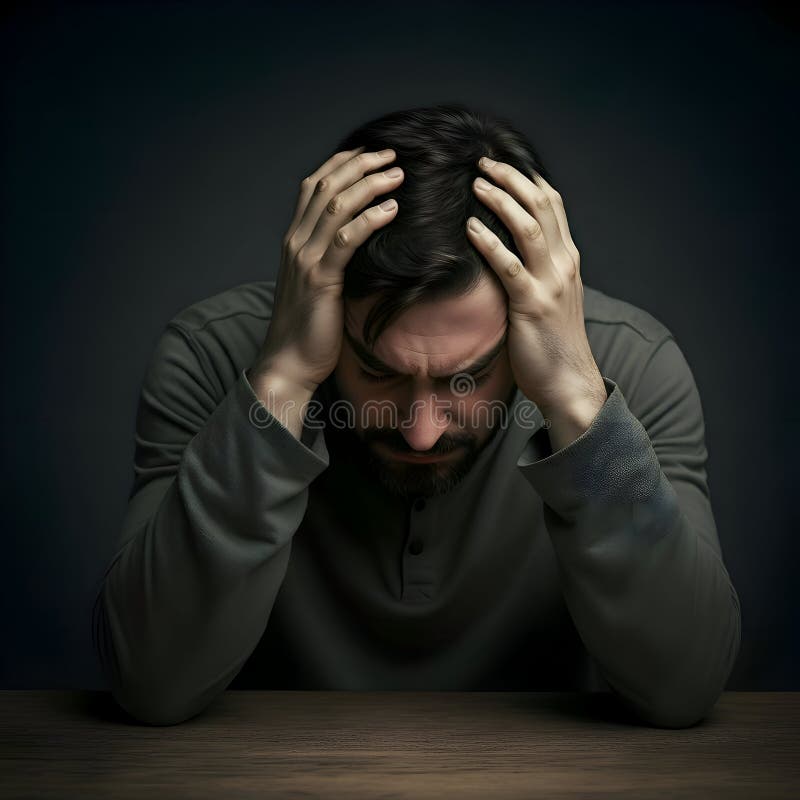 Contemplative Man Sits with Head in Hands at a Table Stock Illustration ...