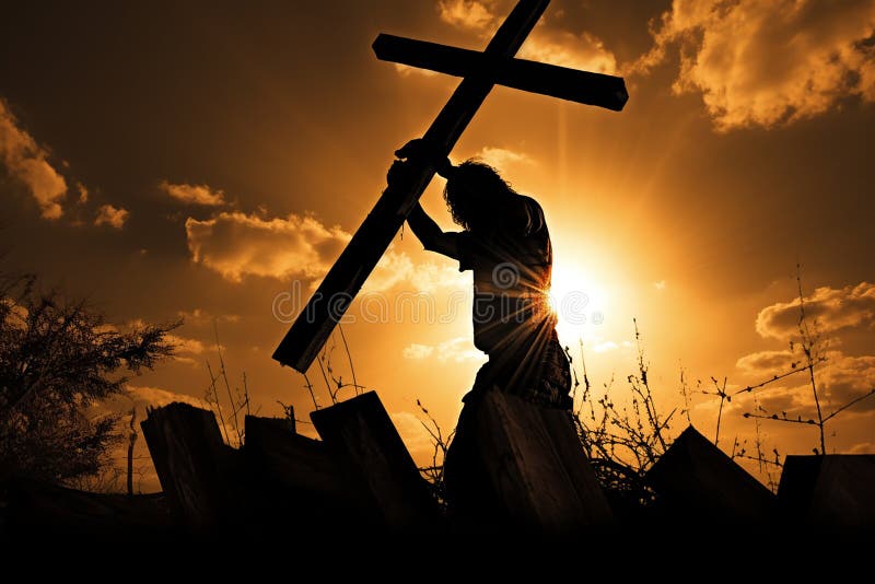 Jesus Carrying Cross Easter Sunset Stock Image - Image of sunset ...
