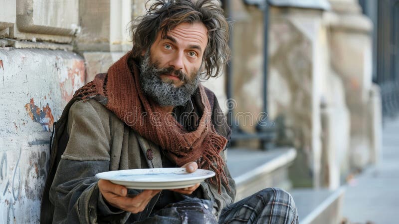 A Poignant Image of a Sad Beggar on the Sidewalk Holding an Empty Plate ...