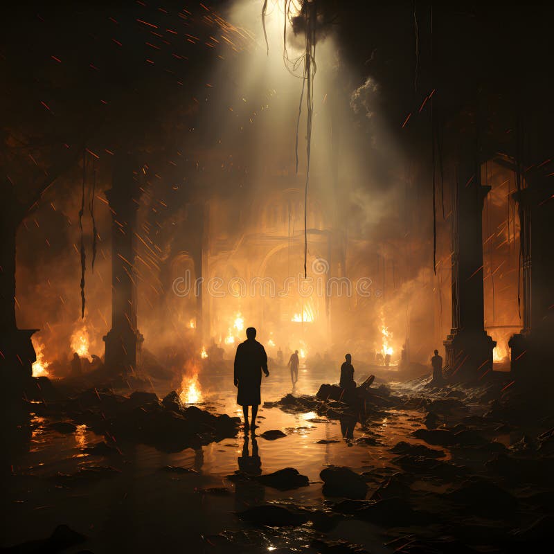 Silhouette of a Man Standing in Front of the Destroyed Mosque Stock ...