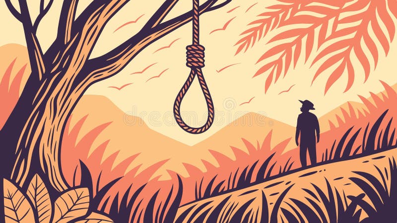 Gallows Knot and Lone Figure at Sunset Somber Reflection, Vector Design ...