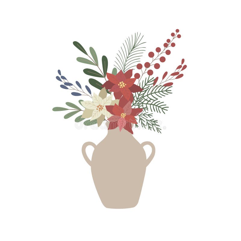 Poinsettia And Green Branches In The Vase Stock Vector Illustration