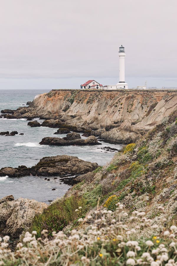 Point Arena Lighthouse on Cloudy Day, California Stock Photo - Image of ...