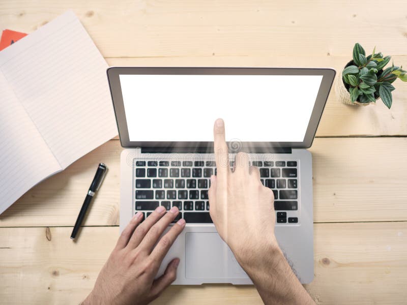Point at Computer Notebook Screen on Wooden Table, Top View Stock Photo ...